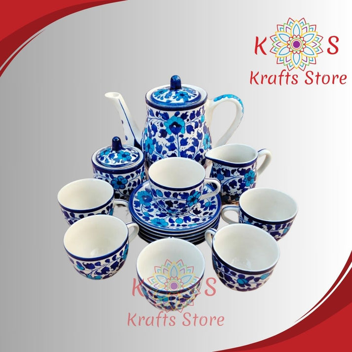 Tea Set 6 Person Blue Pottery ( Multani Design ) – KRAFT STORE